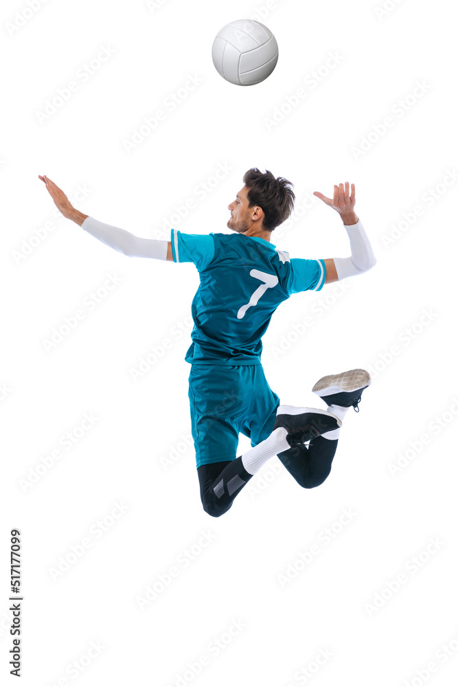 Portrait of young man, volleyball player in motion, training, playing ...