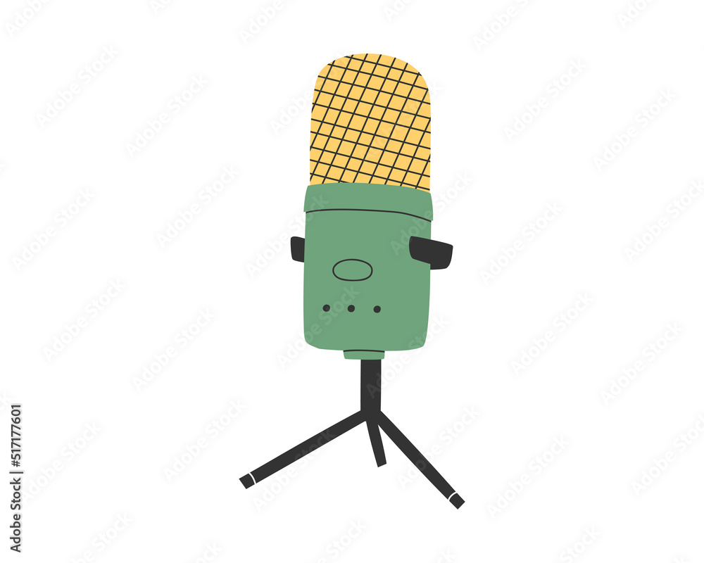 Hand drawn cute cartoon illustration of microphone. Flat vector sound ...