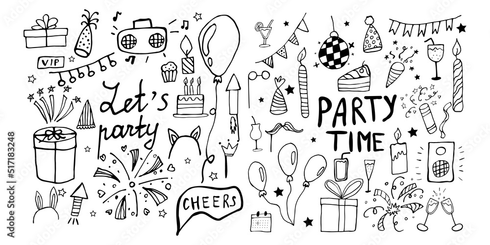 A Large Party Time Set Of Cliparts Clip Art With Doodles For Special a-large-party-time-set-of-cliparts-clip-art-with-doodles-for-special