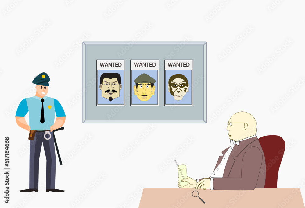 Detective shawing police officer portraits of wanted criminals Stock ...