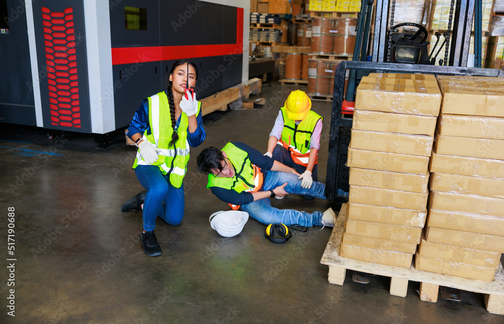 First Aid and safety first. Engineering talking on walki talki radio to ...