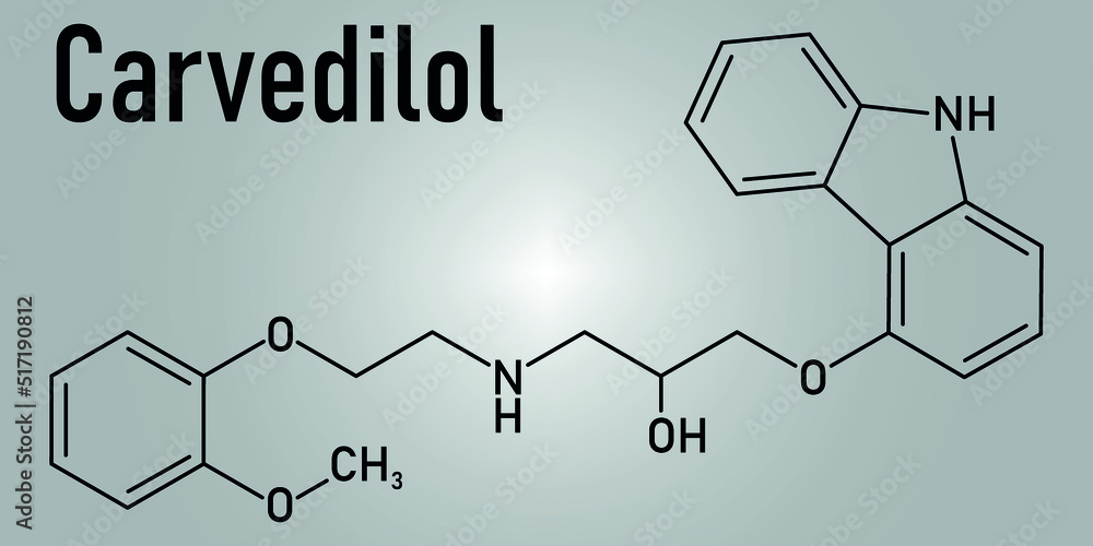 Skeletal formula of Carvedilol congestive heart failure drug molecule ...