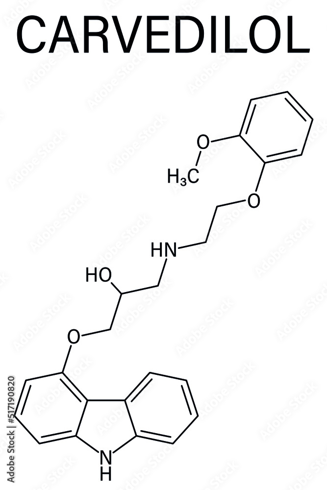 Skeletal formula of Carvedilol congestive heart failure drug molecule ...