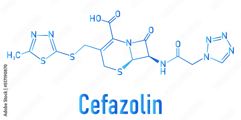 Skeletal formula of Cefazolin antibiotic drug molecule. First ...