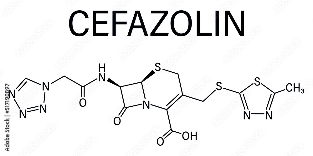 Skeletal formula of Cefazolin antibiotic drug molecule. First ...