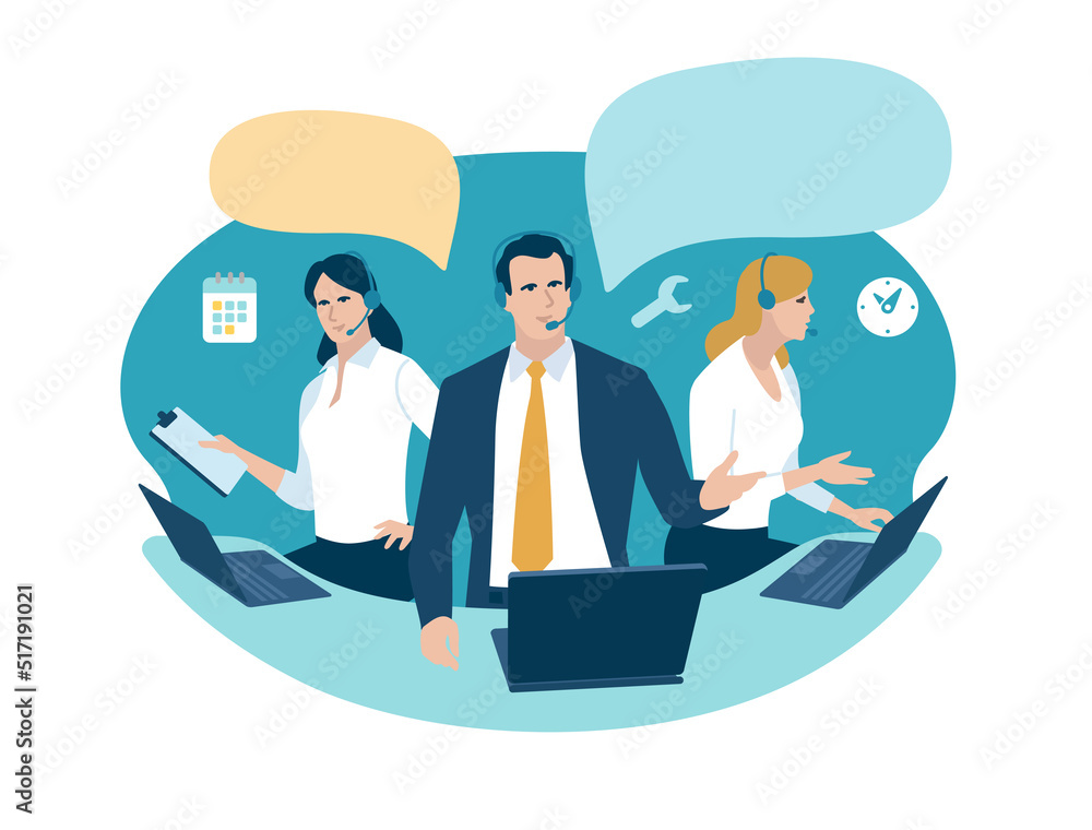 Helpdesk, call center. Customer service, hotline operators with headsets. Online technical ...