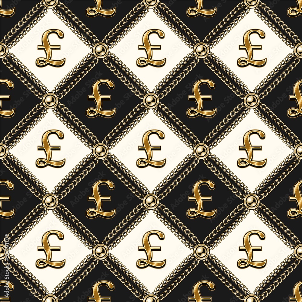 Staggered luxury vintage black and white pattern with shiny gold pound ...
