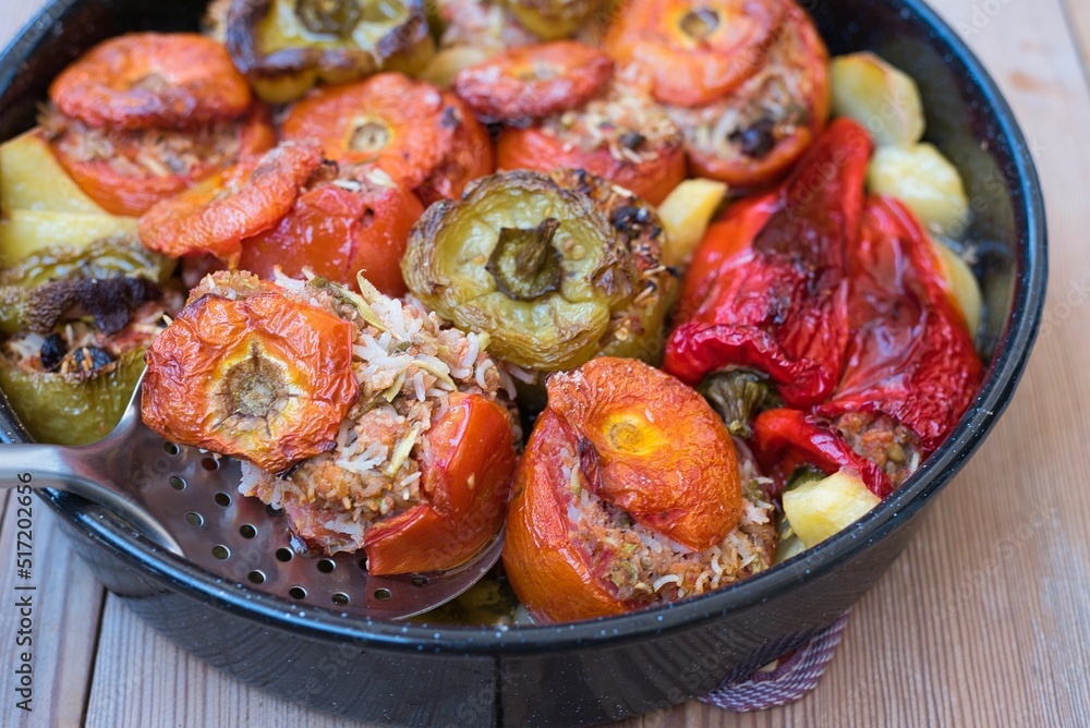 Gemista,Traditional greek food, stuffed tomatoes and peppers Stock ...