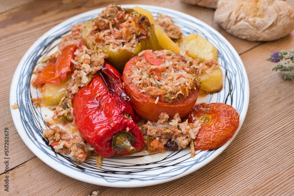 Gemista,Traditional greek food, stuffed tomatoes and peppers Stock ...