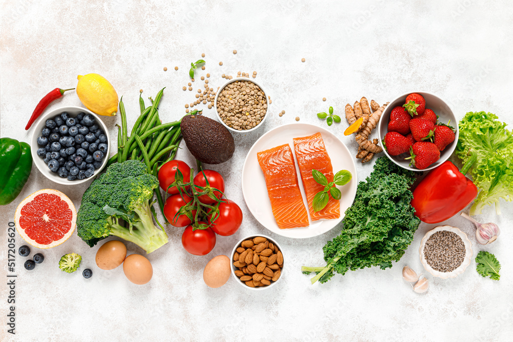 Healthy food. Healthy eating background. Salmon, fruit, vegetable and ...