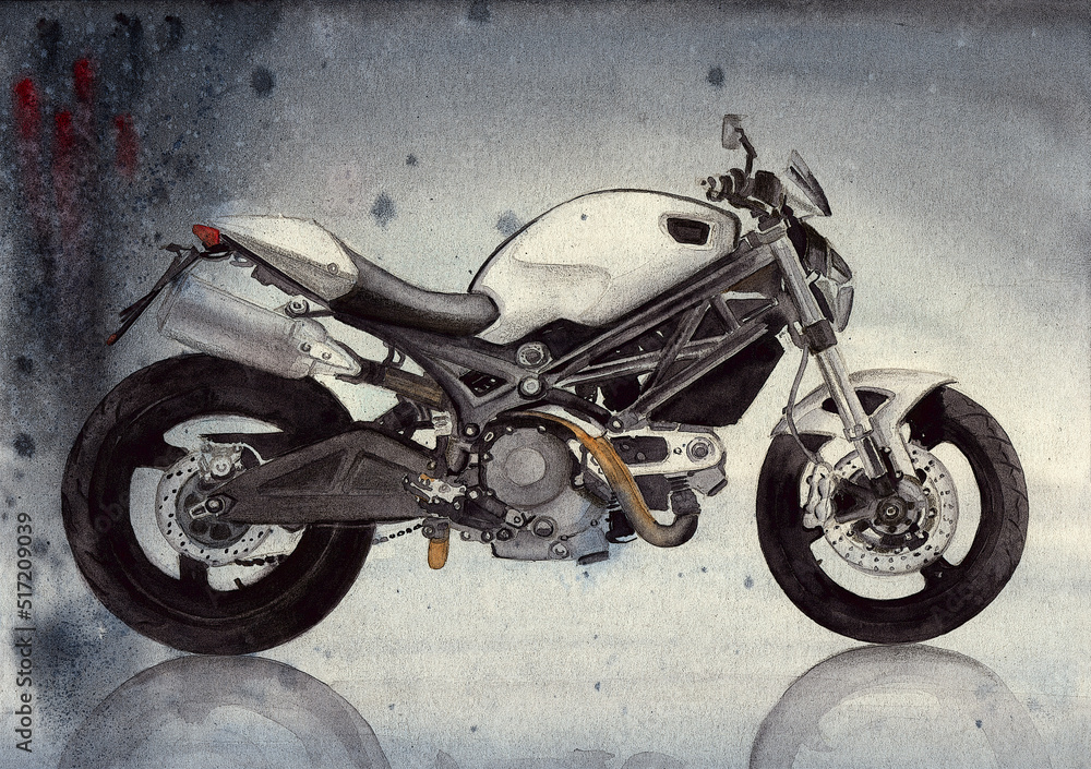 Watercolor illustration of a custom motorcycle on a grey background ...