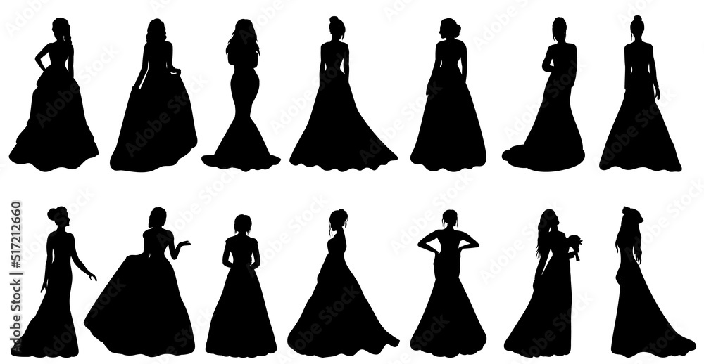 princesses, bride collection silhouette set isolated, vector Stock ...
