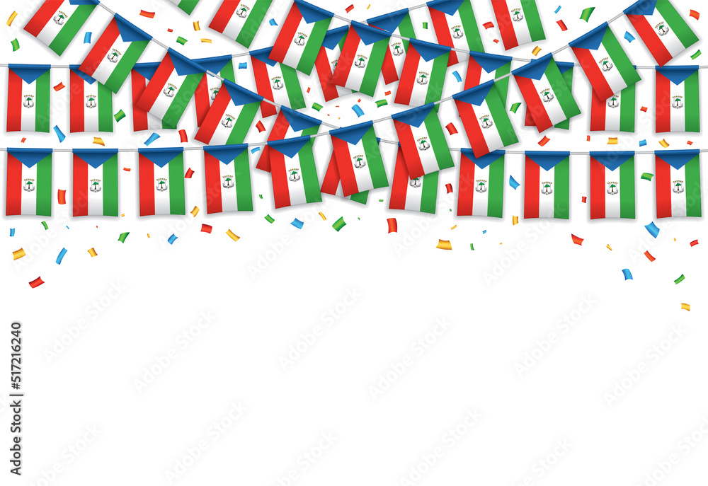 Equatorial Guinea Union flags garland white background with confetti ...
