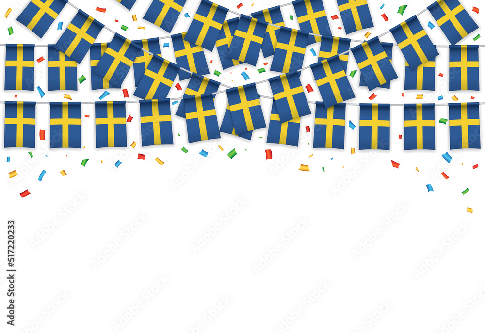 Sweden flags garland white background with confetti, Hang bunting for ...