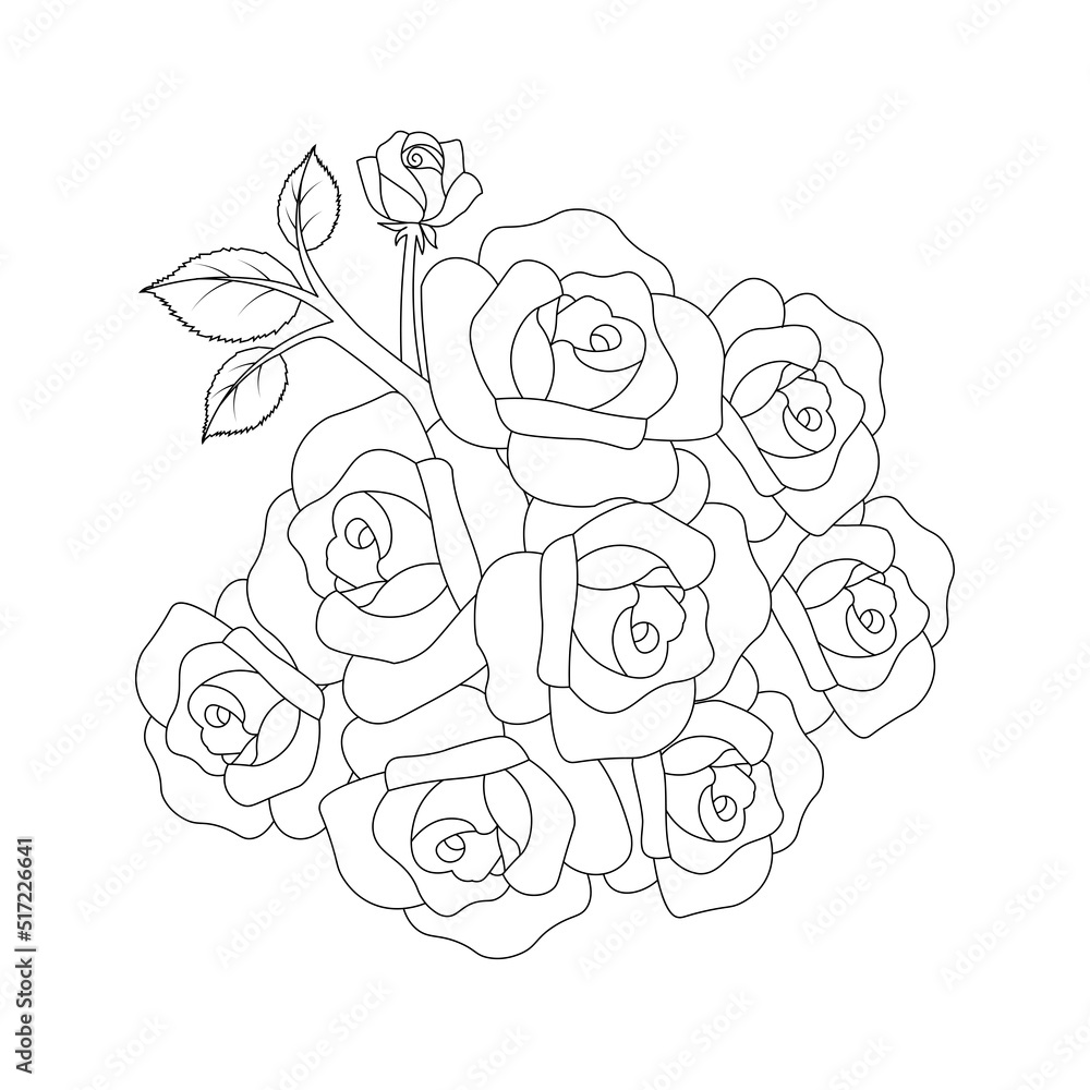 cute roses flower repeat pattern with line art coloring page drawing ...
