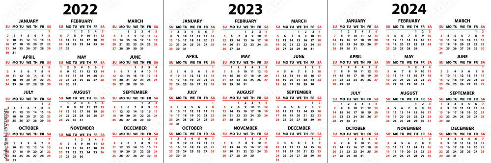 Calendar for 2022, 2023 and 2024 years in English in simple style on a ...