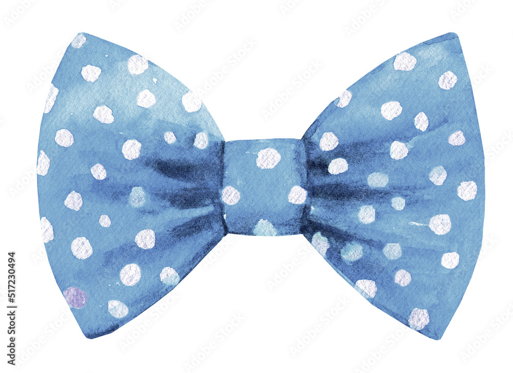 Watercolor blue polka dot bowtie illustration. Hipster funny clothes ...