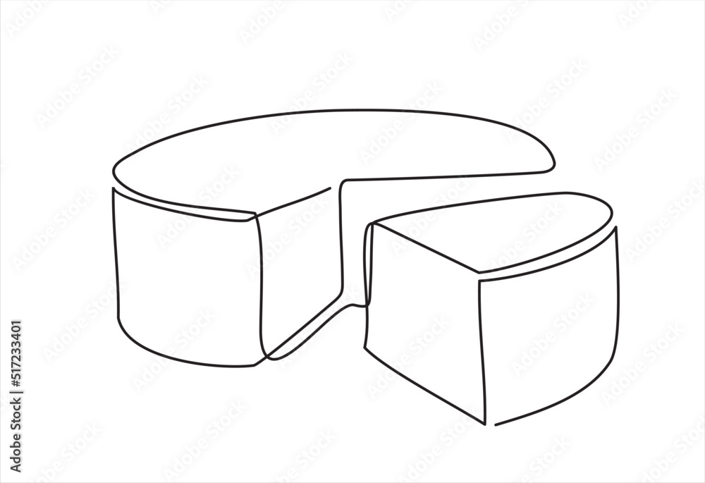 Cheese in continuous line art drawing style. Wheel of cheese and a ...