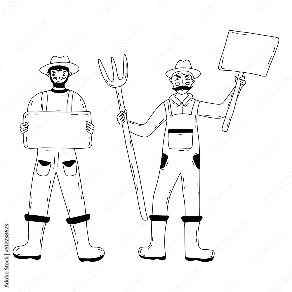 Male farmers protest with placards and pitchfork. Fight against ban on ...