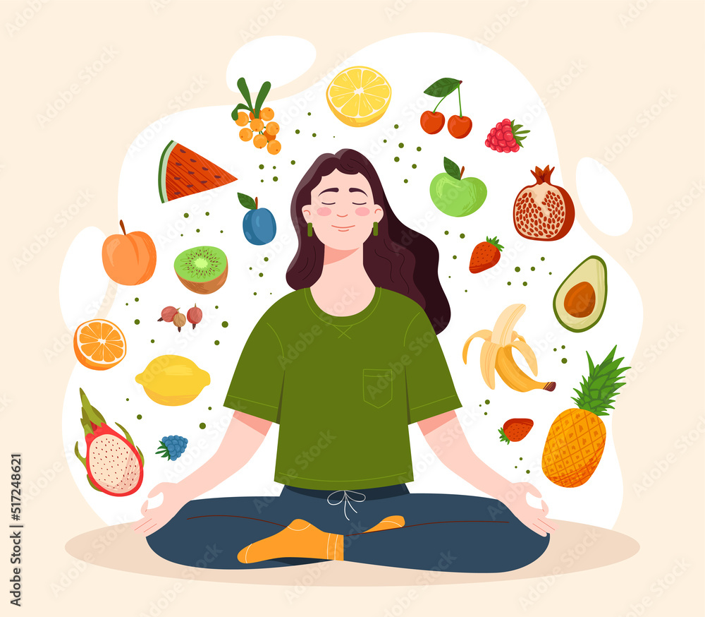 Mindful eating concept. Young woman, surrounded by tasty and healthy ...
