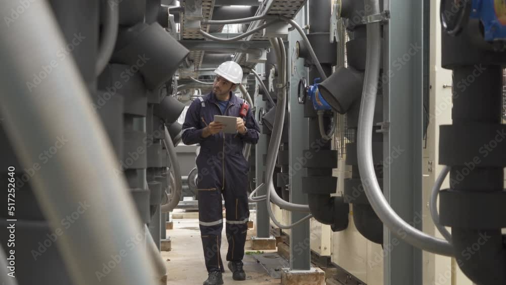 An engineer man or worker, people working in industry factory. Chiller ...
