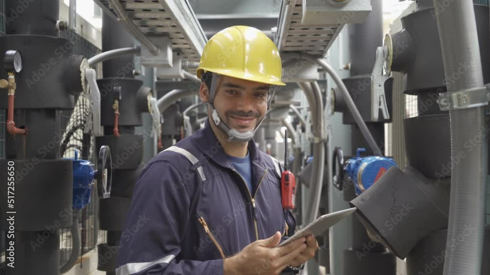 An engineer man or worker, people working in industry factory. Chiller ...