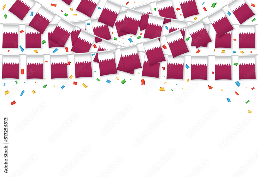 Qatar flags garland white background with confetti, Hang bunting for ...