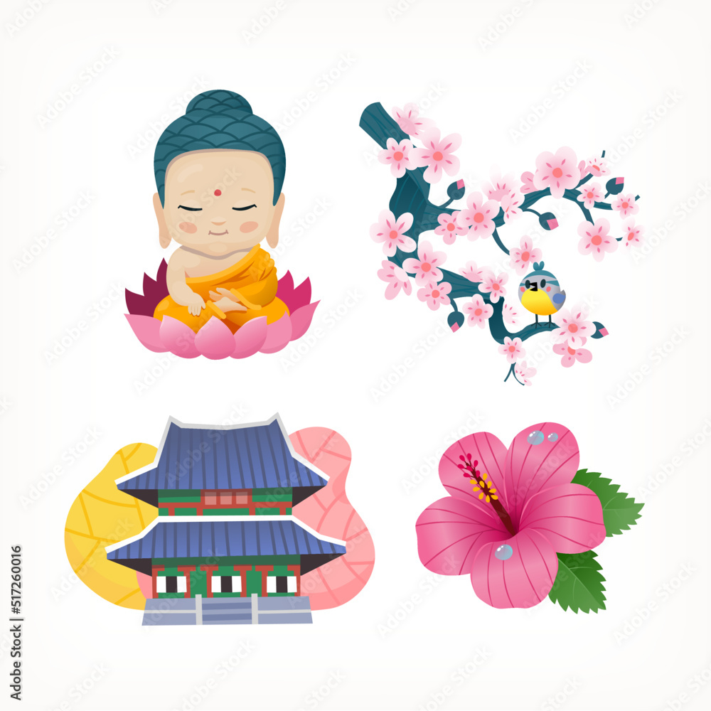 Colourful images of traditional Korean symbols of nature, architecture ...