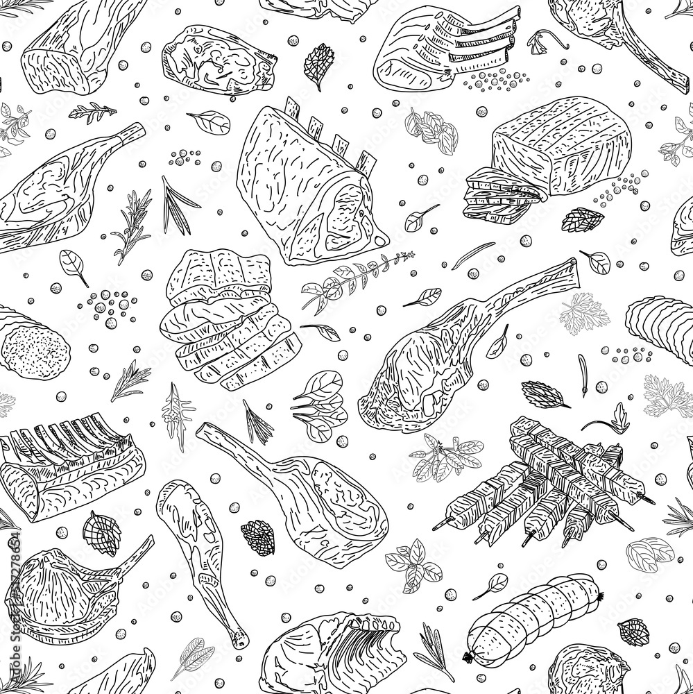 Meat seamless pattern. Beef, pork, lamb. Hand -drawn vector ...