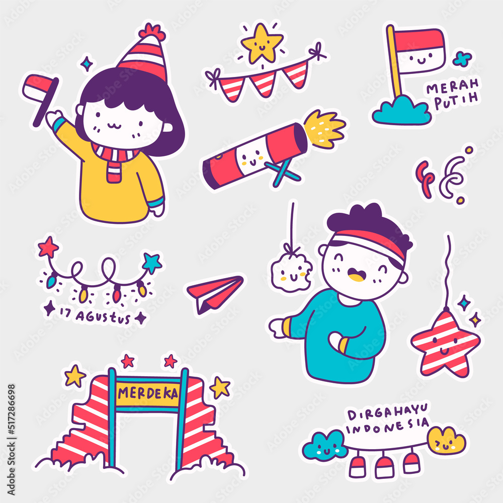 Sticker set Indonesia Independence day in doodle style, Merdeka is ...