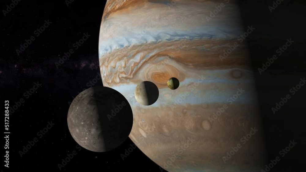 Vídeo do Stock: Three moons of Jovian system. Jupiter's moons. Io, Europa and Ganymede passing ...