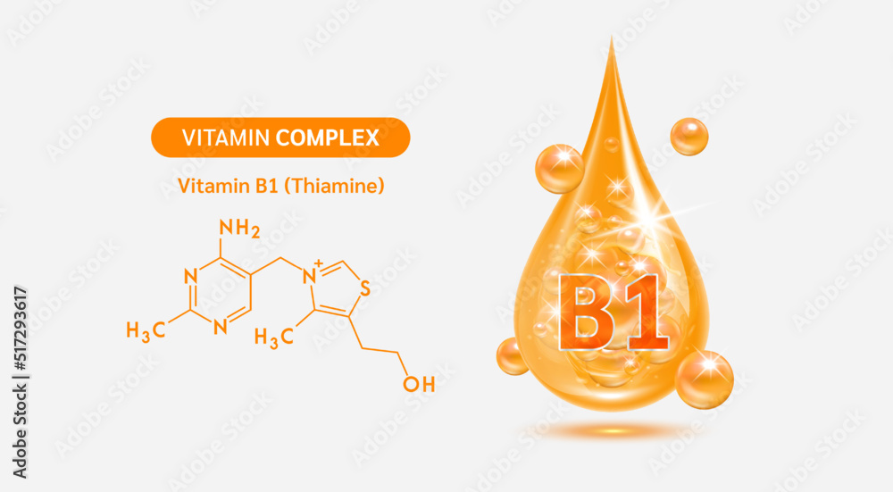 Vitamin B1 drop and structure isolated on white background. Vitamin ...