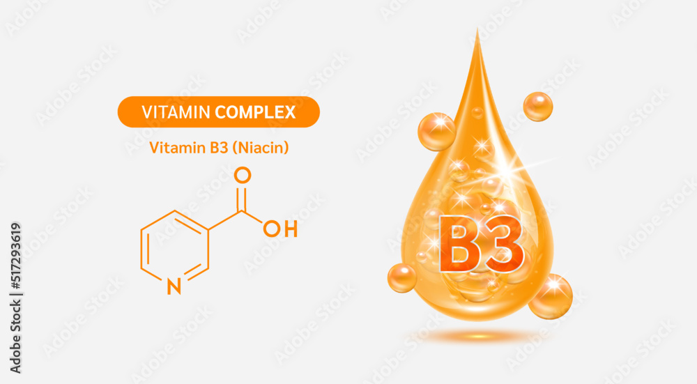 Vitamin B3 drop and structure isolated on white background. Vitamin ...