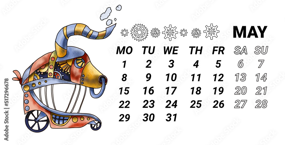 The page of the horizontal calendar for the year 2023 May month. Zodiac ...