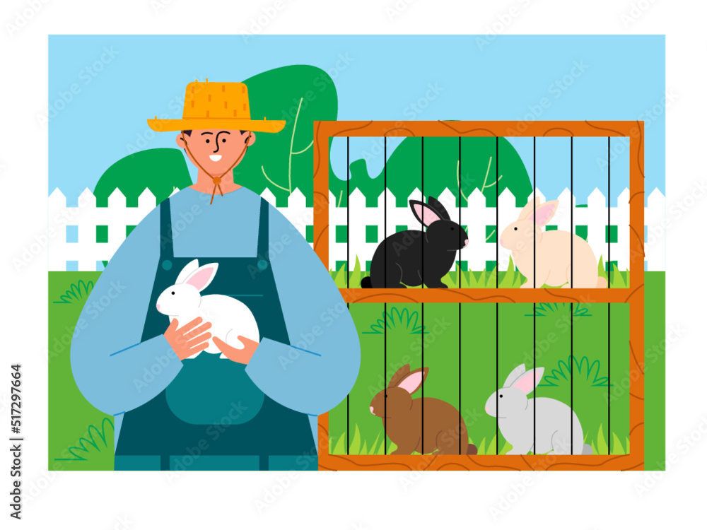 The man with his many pet rabbits. Rabbits of different types and ...