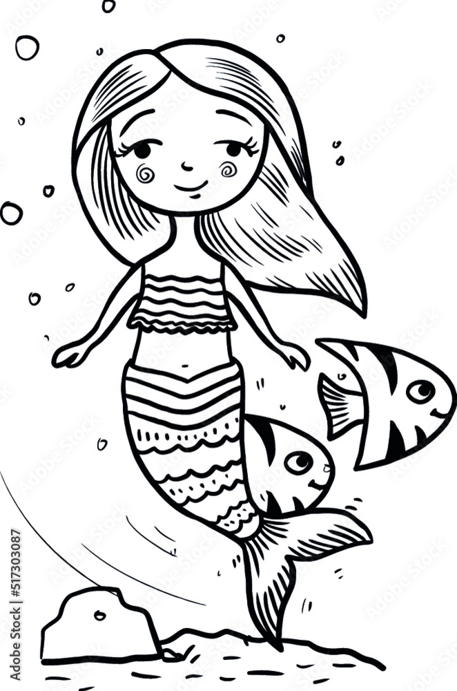 Mermaid coloring book page for kids line art vector blank printable ...