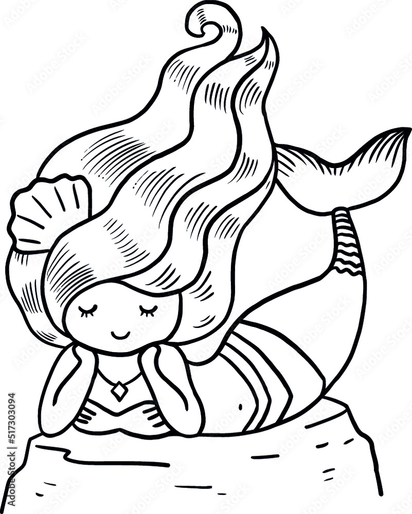 Mermaid coloring book page for kids line art vector blank printable ...
