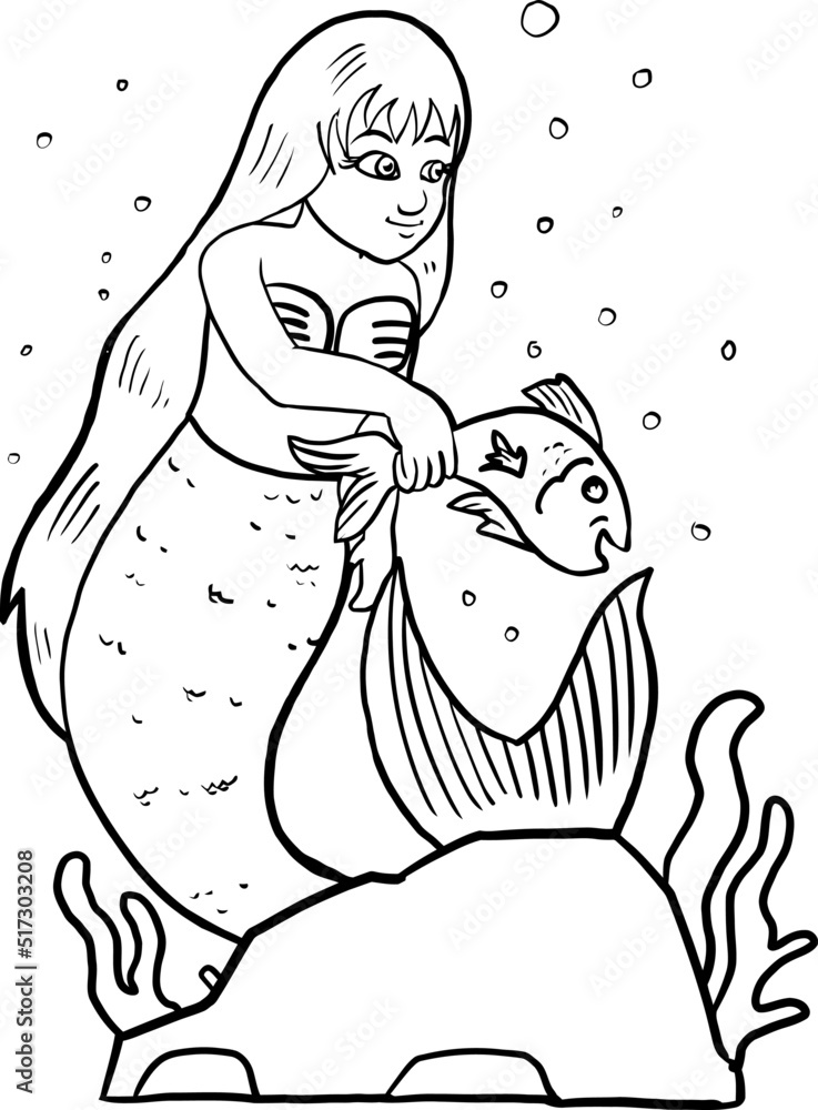 Mermaid coloring book page for kids line art vector blank printable ...