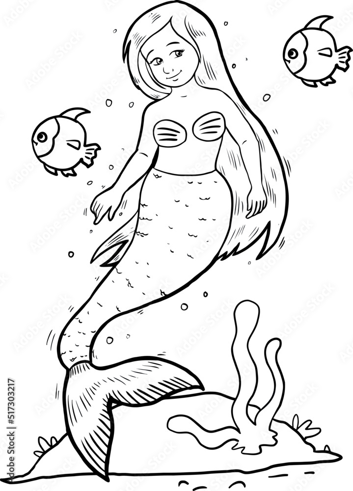 Mermaid coloring book page for kids line art vector blank printable ...