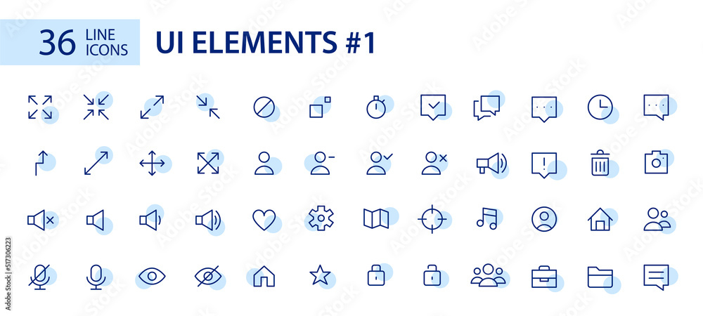 Simple line art UI elements icons set. Arrows, file type, clock ...