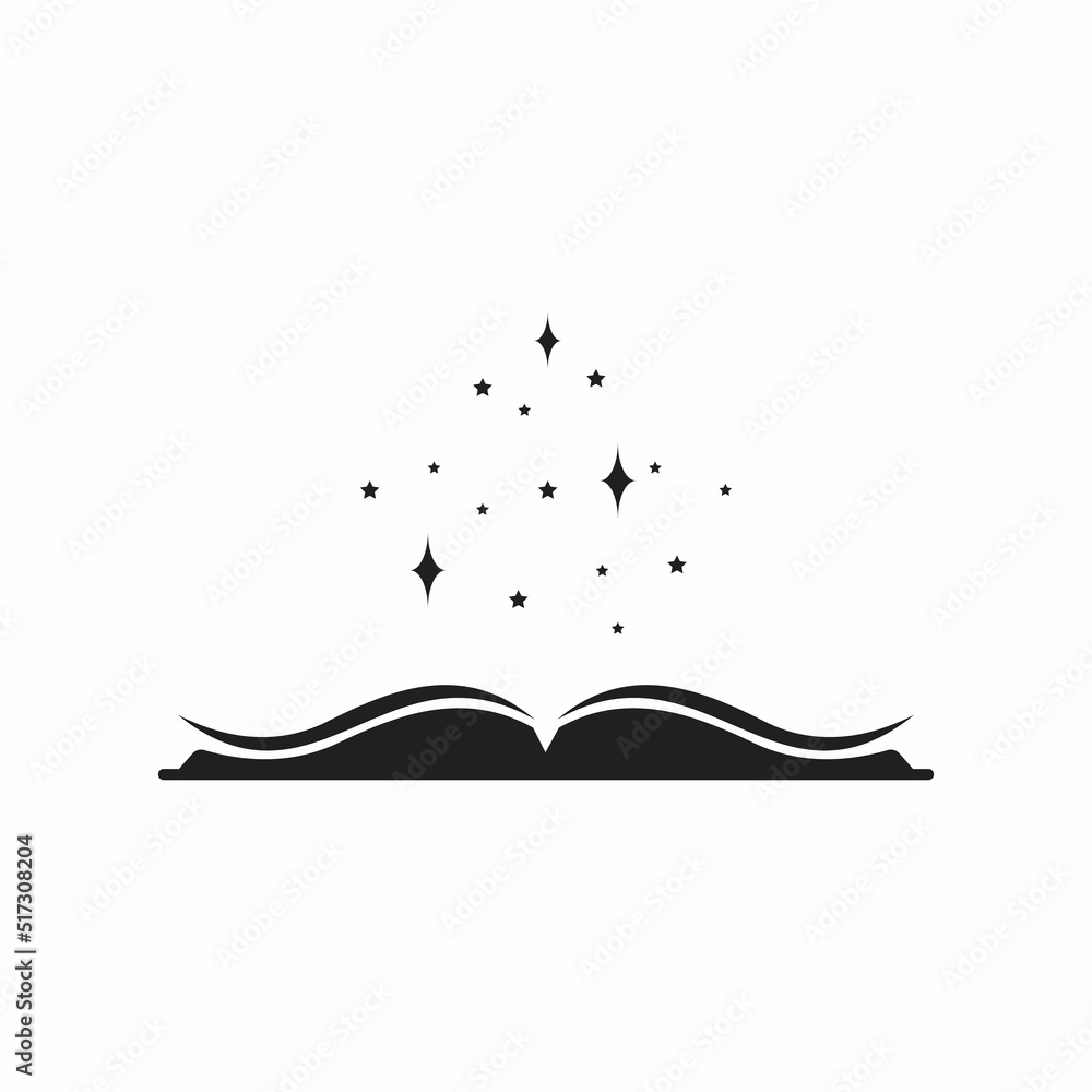 Open book with white stars flying out. Isolated on powder blue ...