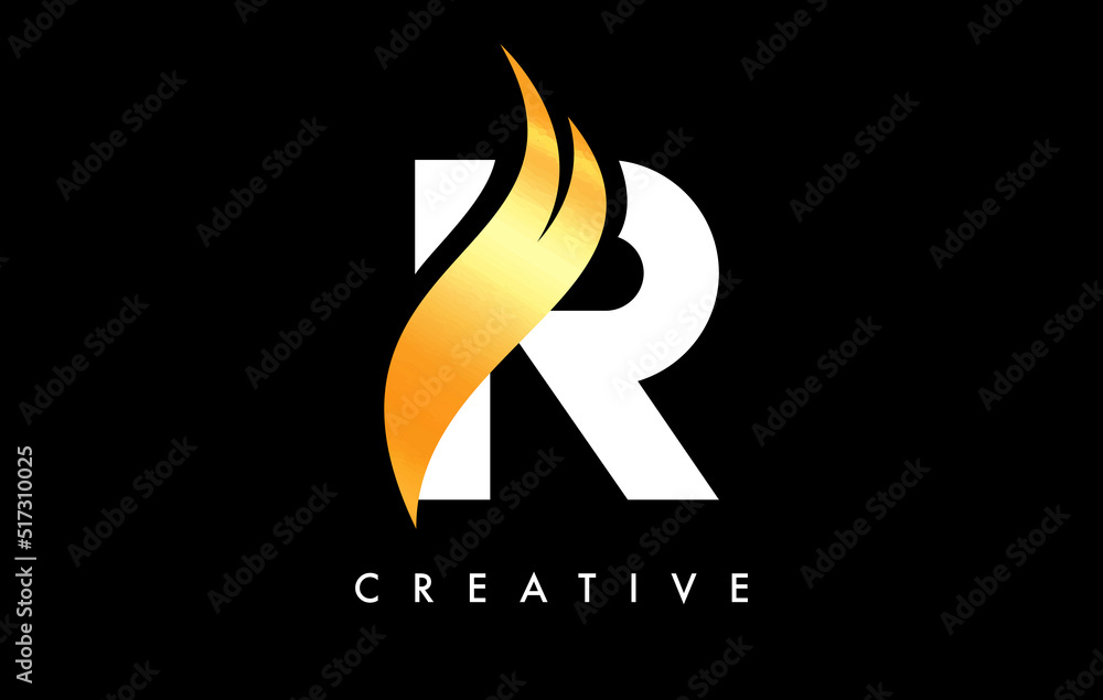 Letter R Logo Icon Design with Golden Swoosh and Creative Curved Cut ...