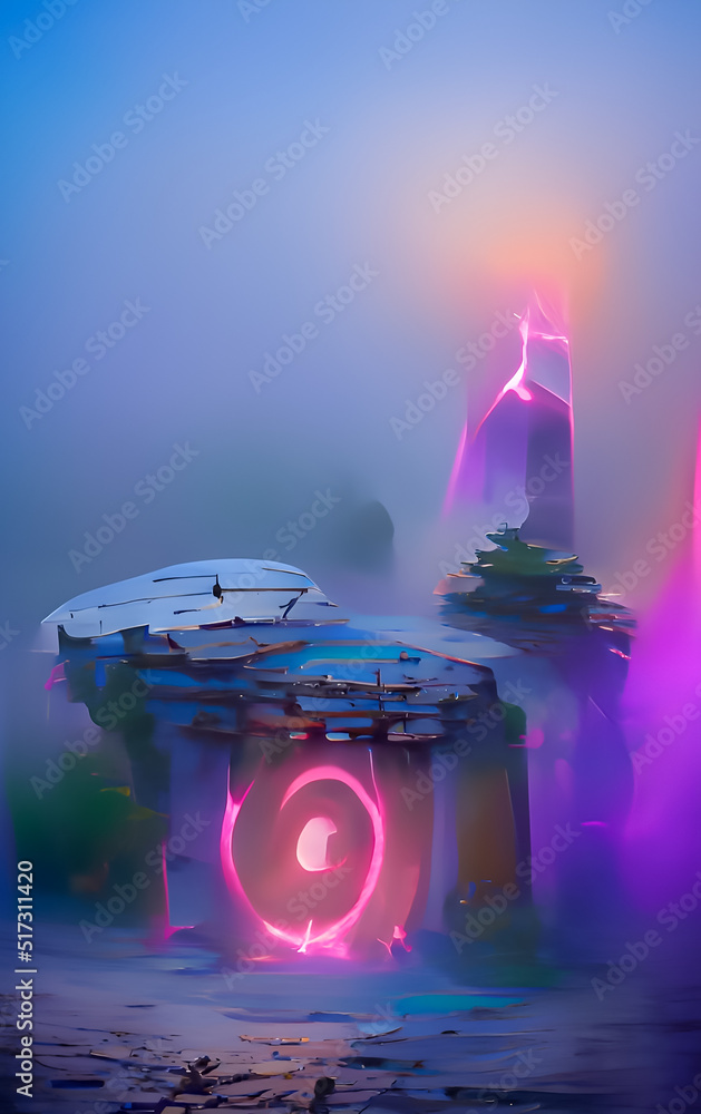 Circular magical portal in the fog, synthwave and cartoon style ...