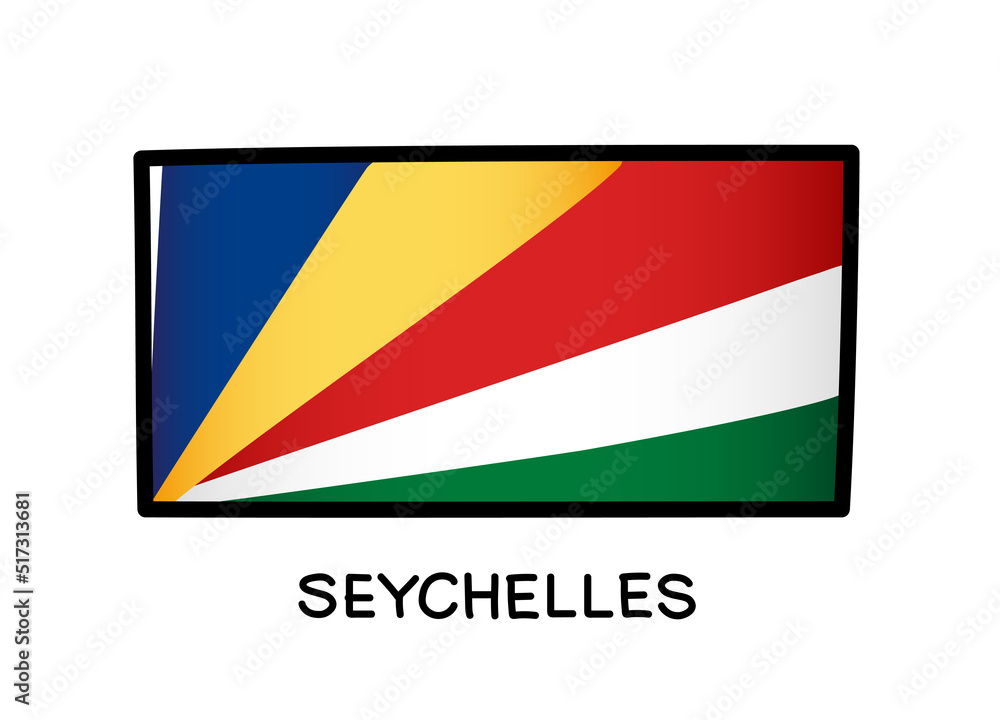 Seychelles flag. Blue, yellow, red, white and green brush strokes, hand ...