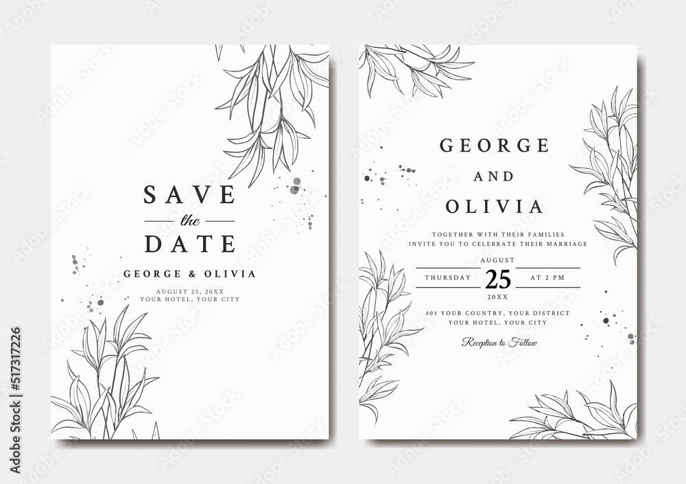 Vetor de Elegant wedding invitation template with line art leaves do ...