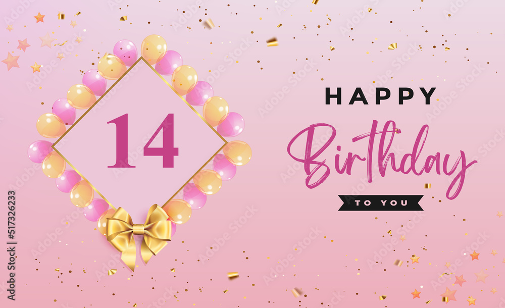 Happy 14th birthday with colorful balloons, frames, gold bow and ...