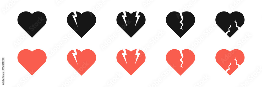 Heartbreak icon set. Heart break. Heart broken symbol collection. Stock ...