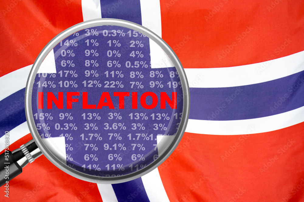 Poster Magnifying glass focused on the word inflation on Norway flag ...