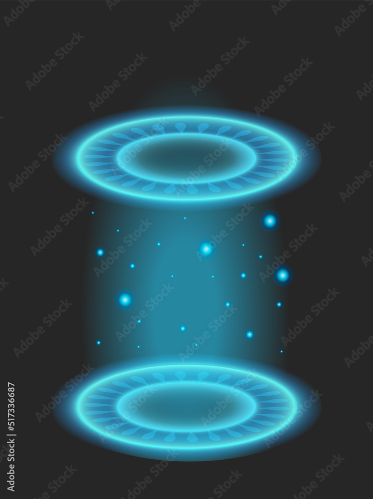 Teleport with blue glow rays with sparks. Neon energy circles, portal ...