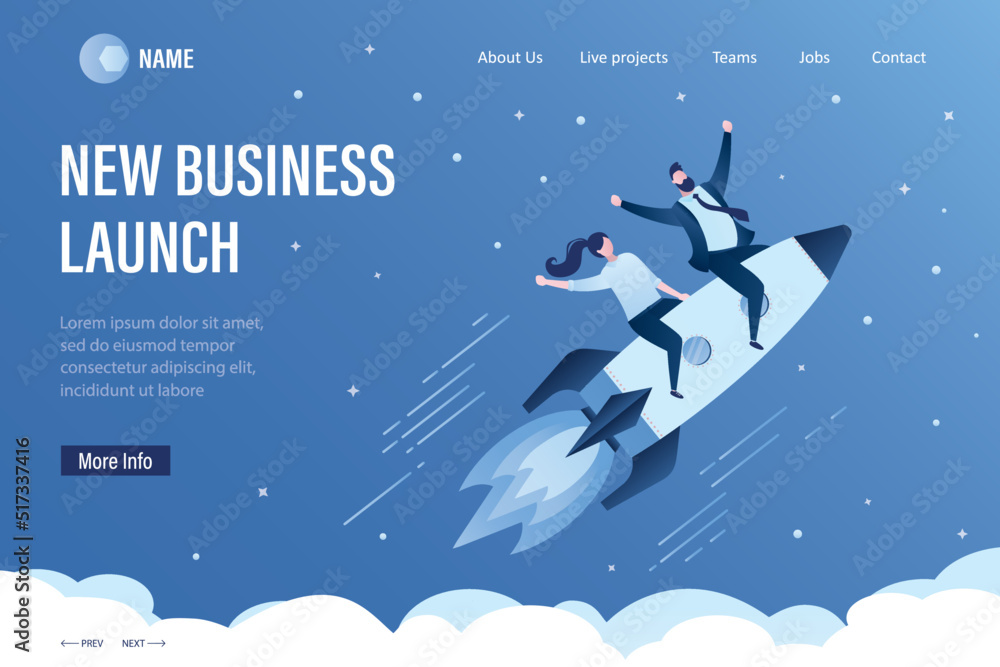 New business launch, landing page template. Spaceship takes off into ...